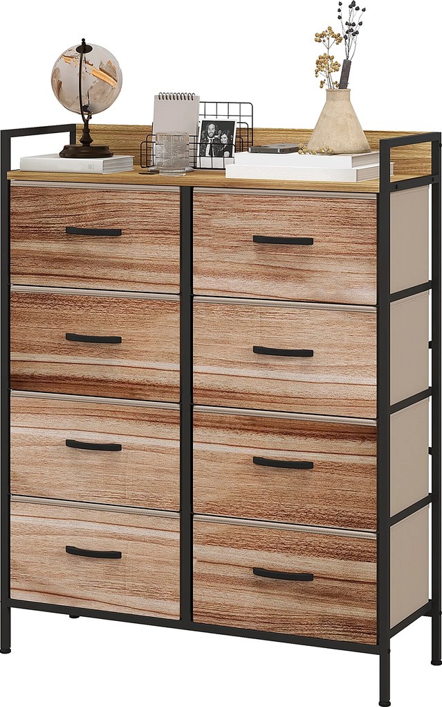 HOMCOM Skříň s úložným prostorem, komoda s 8 odejmoutelnými textilními zásuvkami, horní policí a ocelovým rámem 79L x 29W x 101H cm Přírodní a Černá