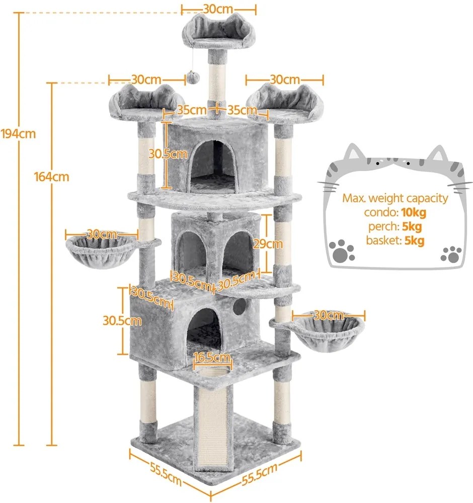 Škrabadlo pro kočky Yaheetech – světle šedá, 194 cm (266287901588)
