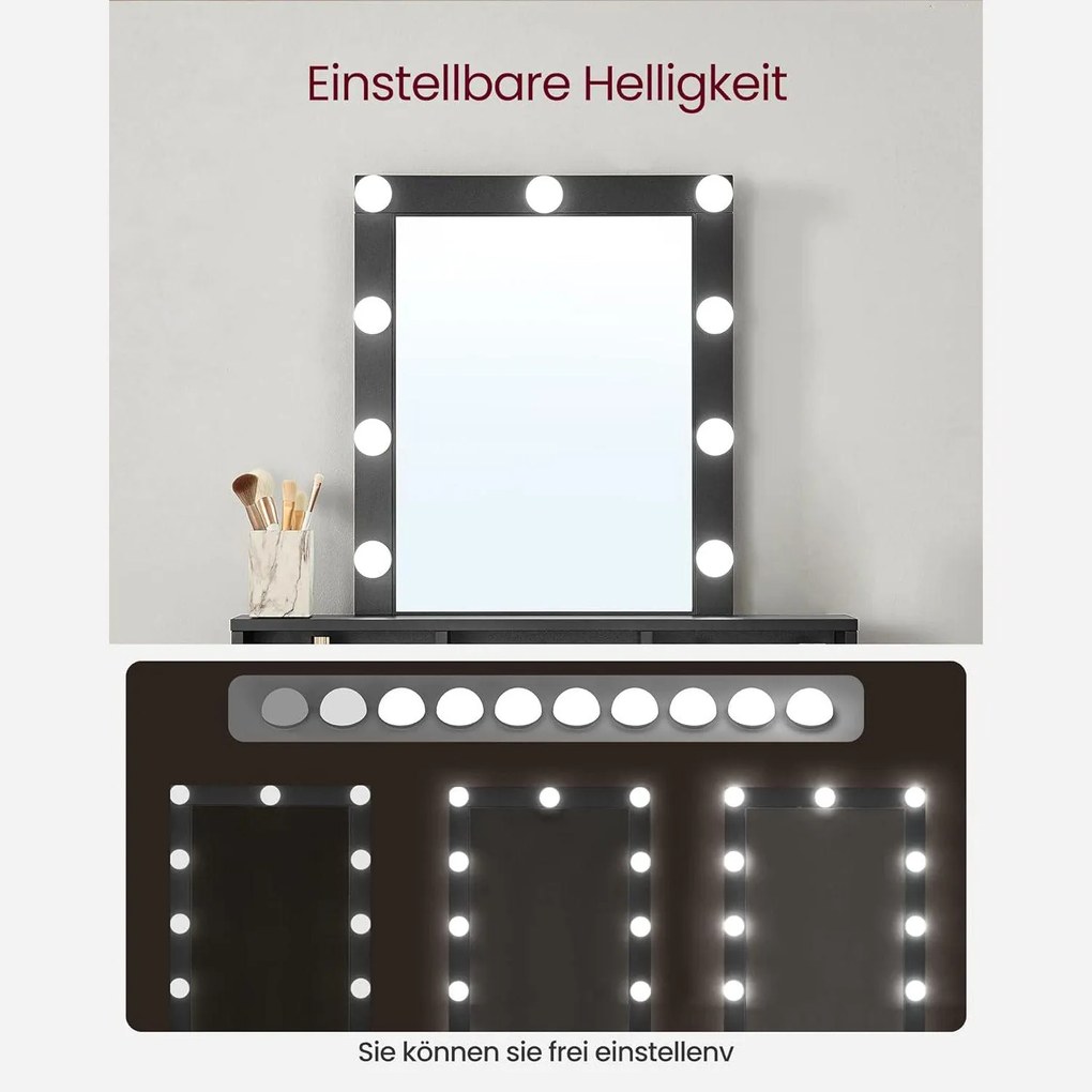 Toaletní stolek, toaletní stůl s nastavitelnou intenzitou osvětlení LED, černý