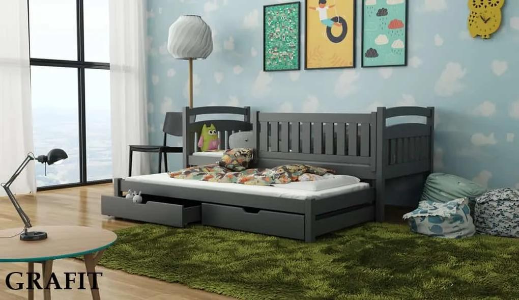 Dřevěná postel GALAXY  s úložným prostorem a výsuvným lůžkem  90x190cm - GRAFIT