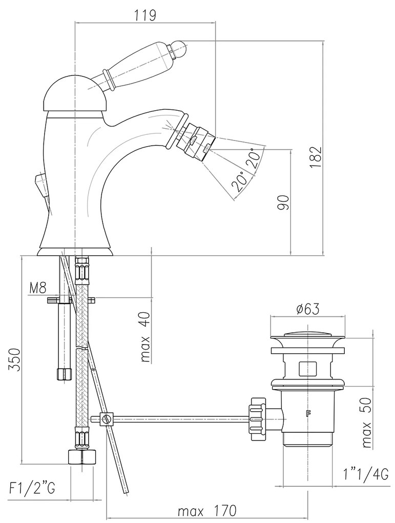 Sapho, KIRKÉ WHITE stojánková bidetová baterie s výpustí, bílá páčka, bronz, KI03BB