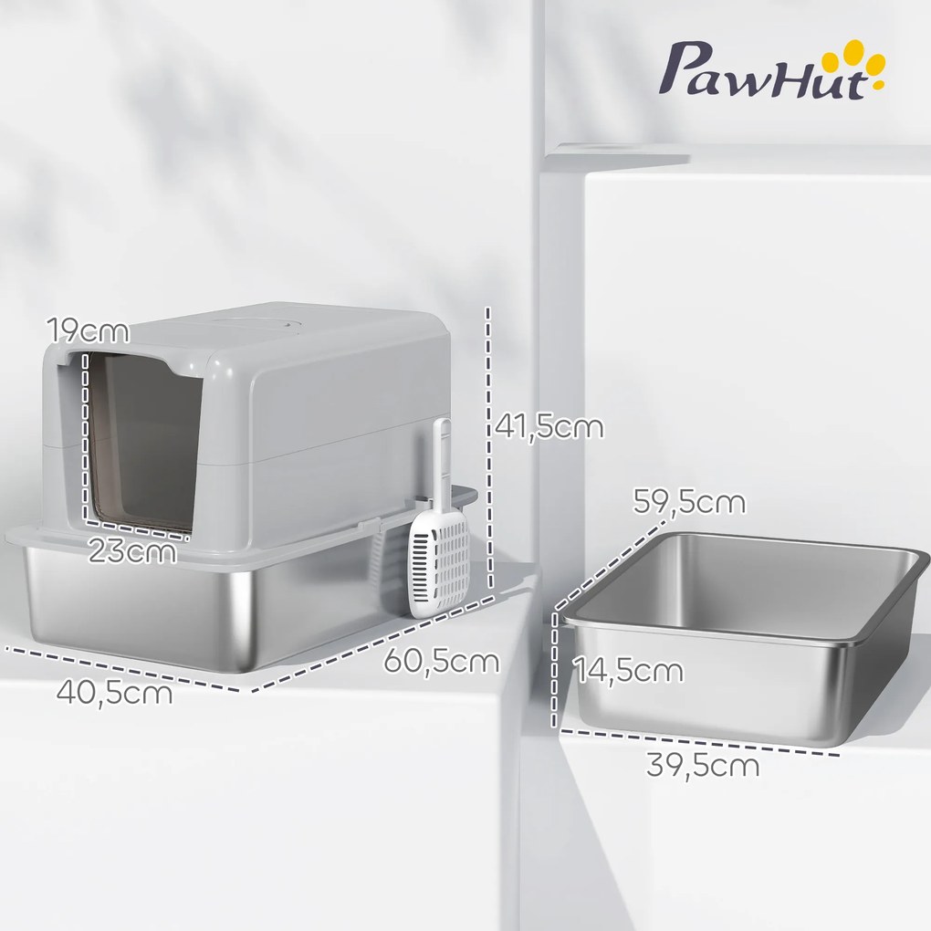 PawHut Kočkolit, nerezová vanička, filtr, lopatka, pro kočky do 6 kg, 40,5 x 60,5 x 41,5 cm, šedá/stříbrná