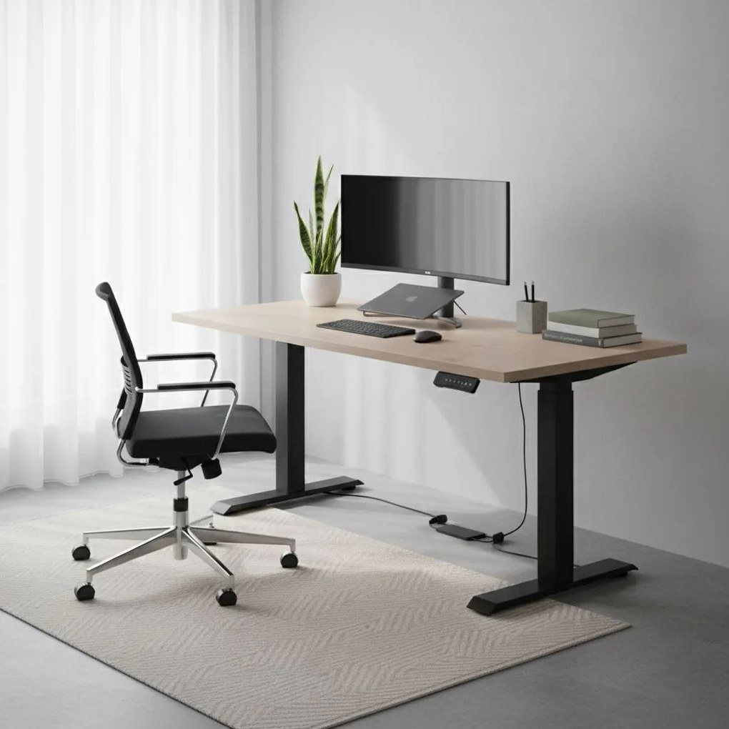 Výškově nastavitelný stůl OfficeTech C, 140 x 80 cm, černá podnož, dub