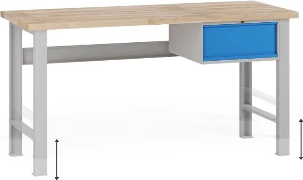 Výškově nastavitelný dílenský stůl G7, buková spárovka, 1700 x 800 x 840-1040 mm, 1x kontejner, 1 zásuvka, modrá