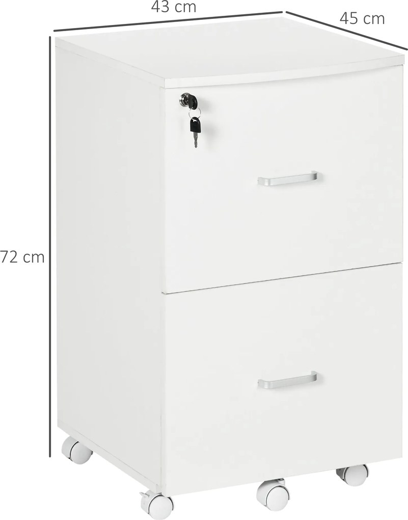 Šuplíkový kontejner na kolečkách Vinsetto - kancelářský nábytek s 2 zamykatelnými šuplíky z MDF a dřevotřísky, rozměry 43L x 45W x 72H cm, Bílý