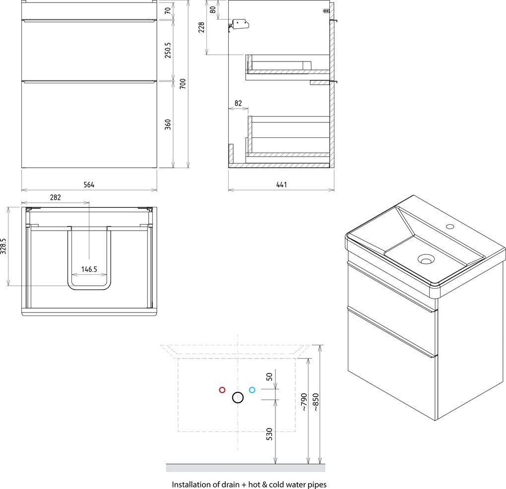 Sapho SITIA umyvadlová skříňka 56,4 x 70 x 43,4 cm 2x zásuvka bílá mat SI060-3131