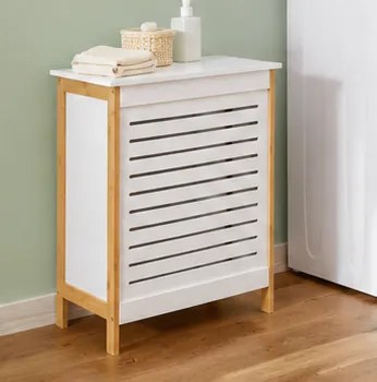 koš na prádlo, objem 65 l, s víkem, masivní dřevo, 60x50x30 cm, bílá/přírodní, Dekorino KP20260027