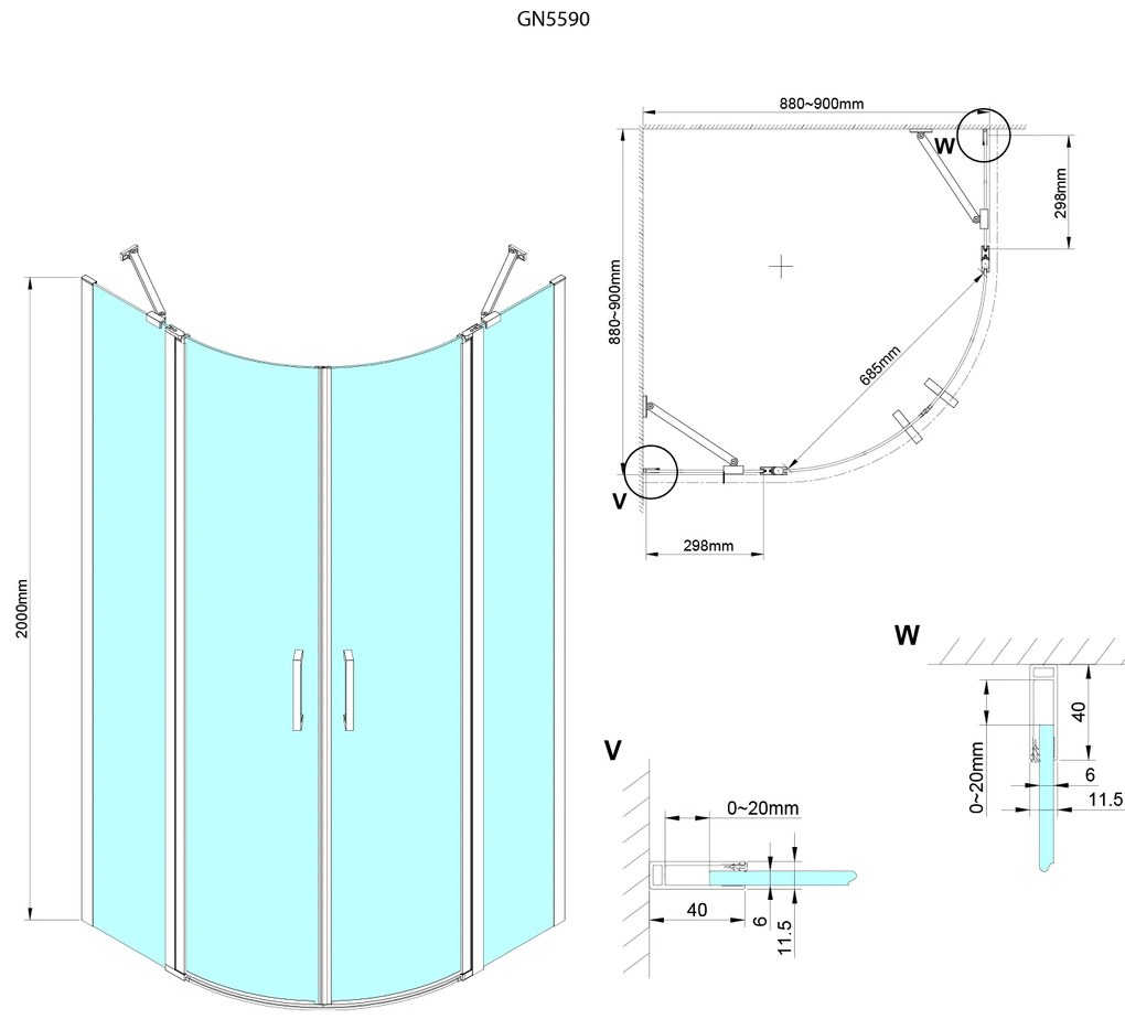 Gelco Gelco, LORO čtvrtkruhová sprchová zástěna 900x900mm, čiré sklo, pravá, GN5590