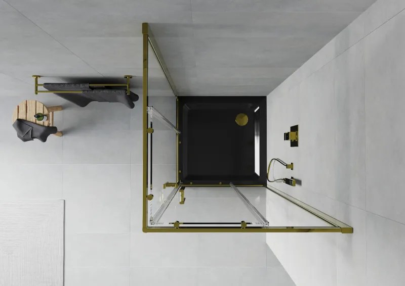 Mexen Rio, čtvercový sprchový kout s posuvnými dveřmi 70 (dveře) x 70 (dveře) x 190 cm, 5mm čiré sklo, zlatý profil + černá sprchová vanička SLIM se zlatým sifonem, 860-070-070-50-00-4070G
