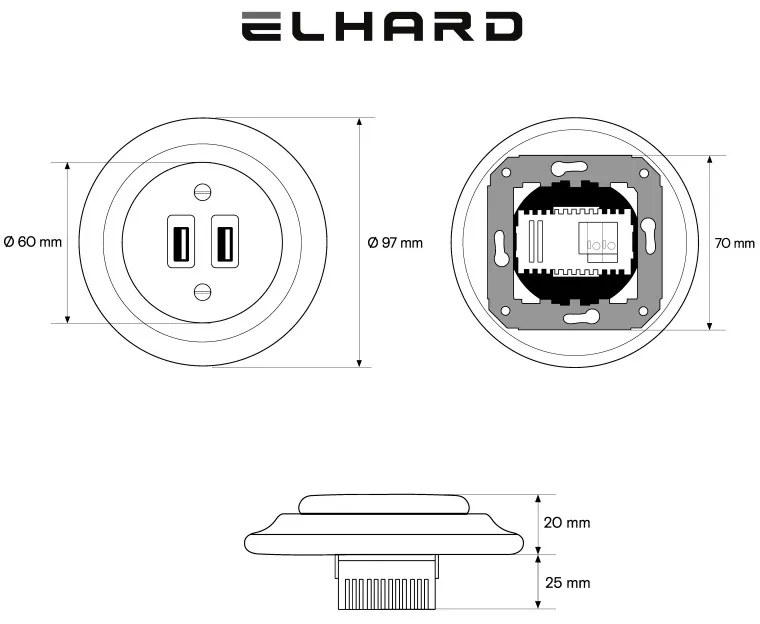 Elhard Kulatá keramická USB zásuvka, černá KV2032B