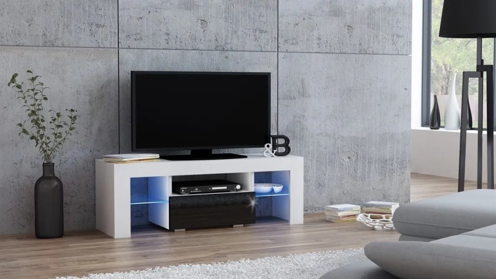 Mazzoni TV stolek MILA lesk 110 LED bílá, černá zásuvka