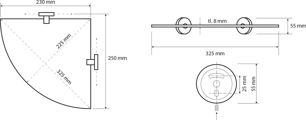 Sapho Sapho, X-ROUND E skleněná polička rohová 235x255mm, chrom, XR603