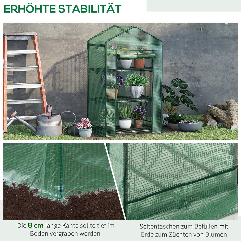 Mini skleník Outsunny s fóliovým krytem a 3 policemi, rolovací dvířka, zeleninový záhon v zelené barvě 69 x 49 x 125 cm pro milovníky zahrady