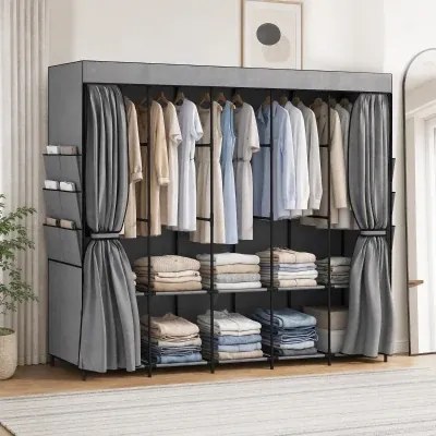 HOMCOM Šatník z látky s 5 pruhy, 5 policemi, 6 bočními kapsami, zip ocelový rám 212x45x167 cm šedá
