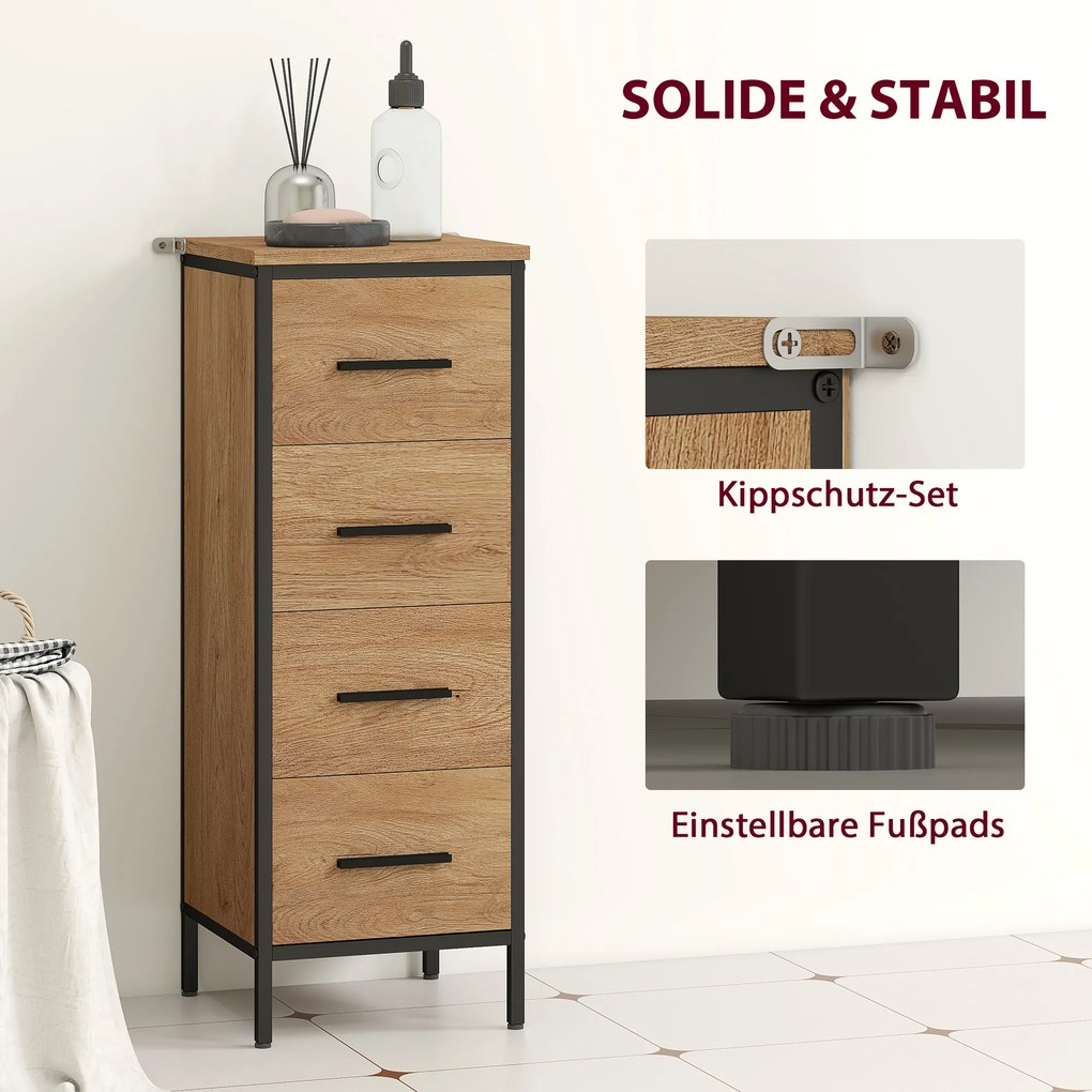 HOMCOM Koupelnová skříňka, 4 zásuvky, kompaktní, průmyslový styl, dřevotříska, kov