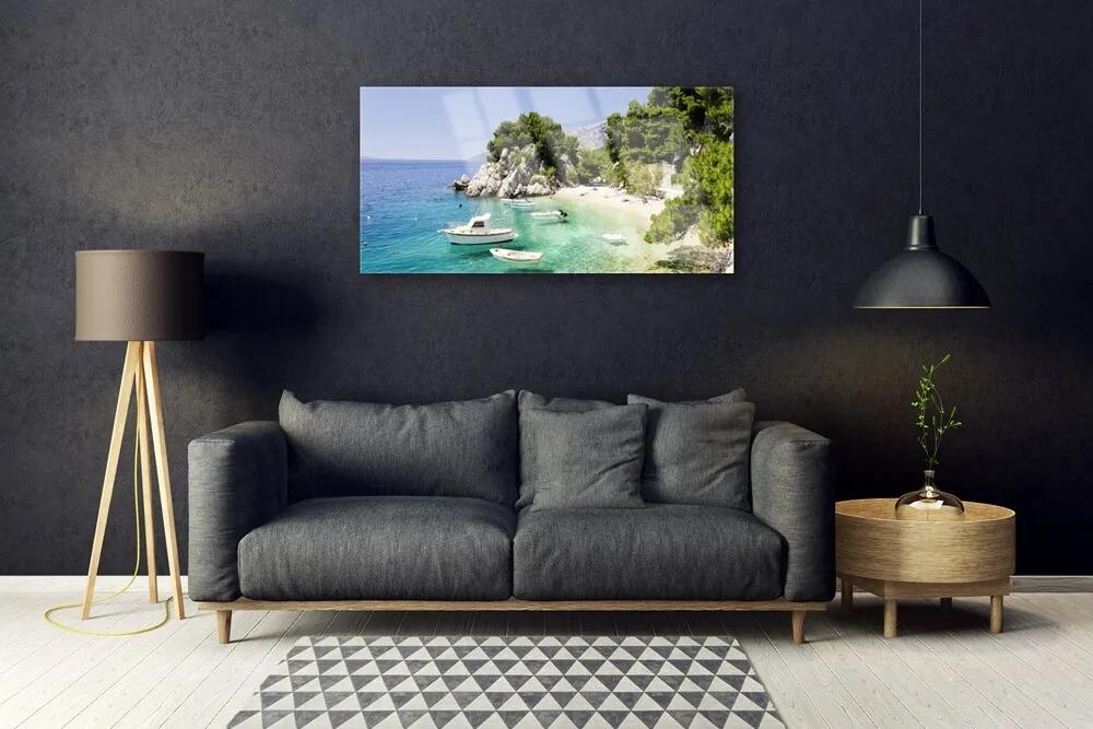 Obraz na skle Moře Pláž Skály Lodě 125x50 cm