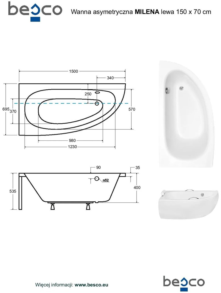 BESCO Asymetrická vana MILENA Nožičky k vaně - Bez nožiček, Rozměr vany - 150 × 70 cm, Způsob provedení - Levé - VANMIL150L