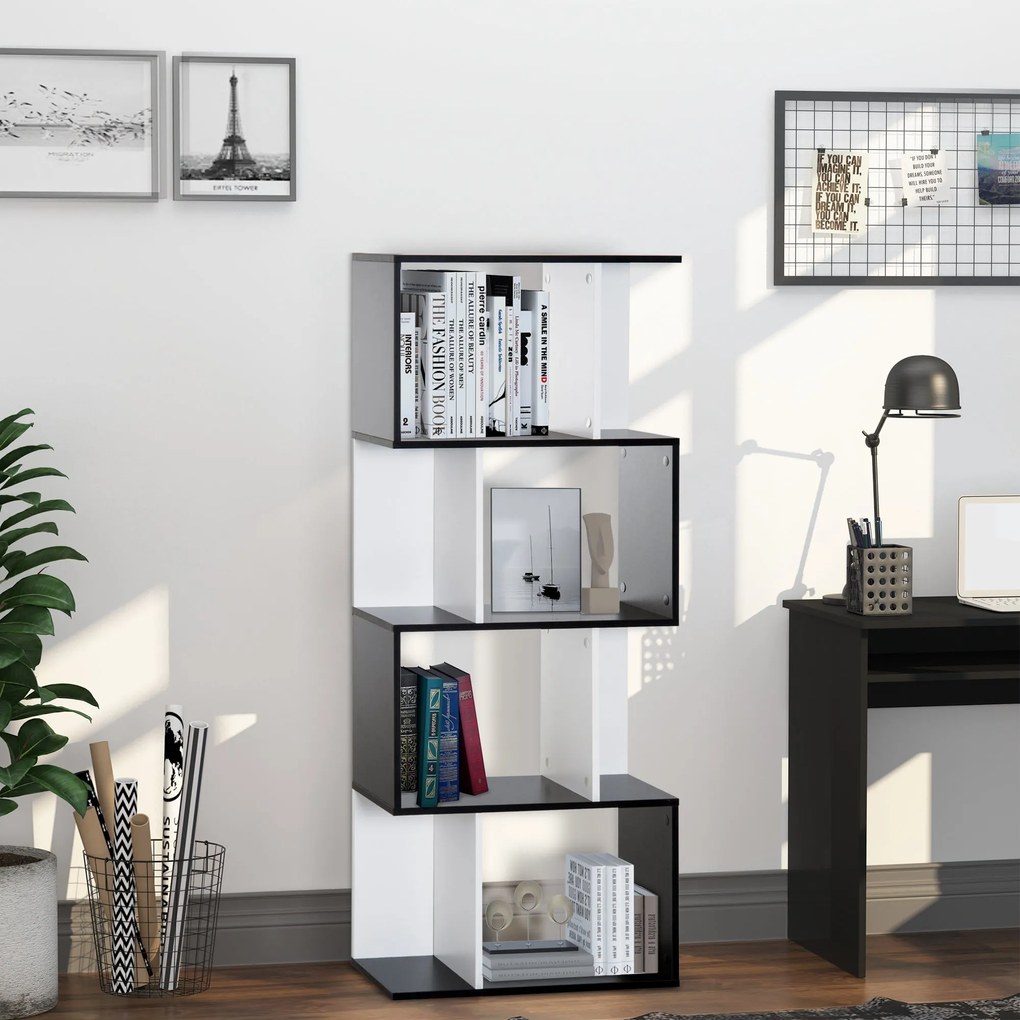 HOMCOM Moderní S-šatková knihovna s úložným prostorem, 4 police 60D x 24Š x 148V cm, černá/bílá | Aosom