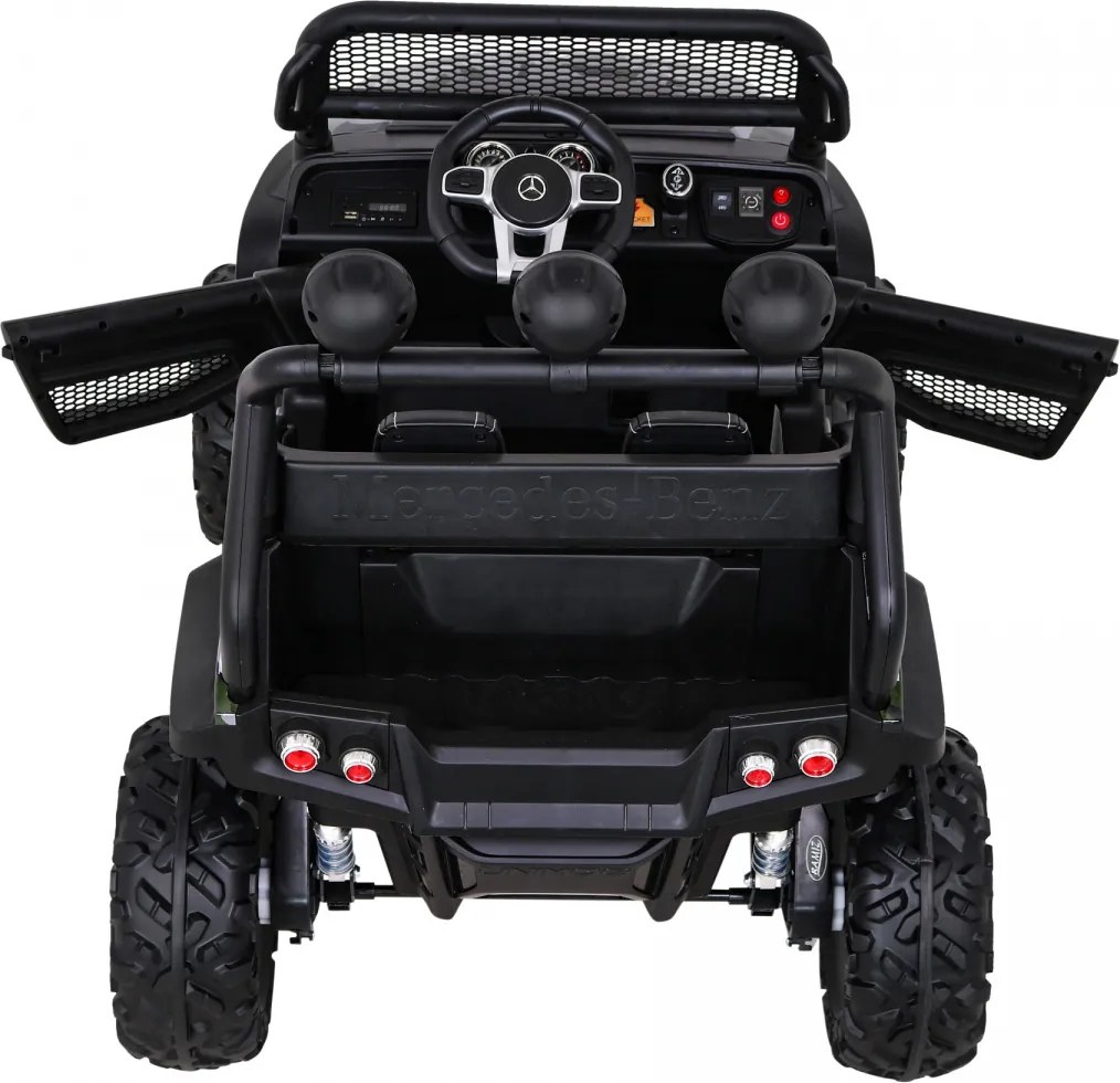 Ramiz Mercedes Benz Unimog elektrické autíčko pro děti maskáčové lakované + pohon 4x4 + dálkové ovládání + nosič zavazadel + pomalý start + MP3 + LED