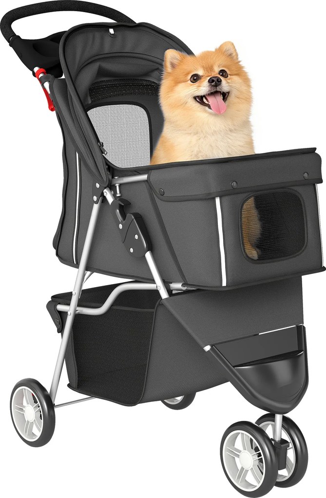 PawHut skládací kočárek pro malé psy s úložným košíkem, síťovými okny, držákem na nápoj a kolečky — nosnost 10 kg, 77 × 44 × 102 cm | Aosom