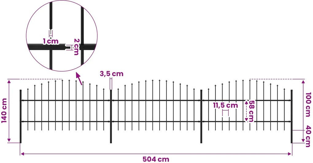 Zahradní plot s kopím nahoře ocelový 504 x 100 cm černý 277714