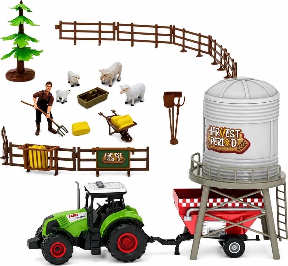 LEAN Toys Sada „Farma“ s traktorem, stájí, silem, figurkami zvířat a nářadím, 49 dílů