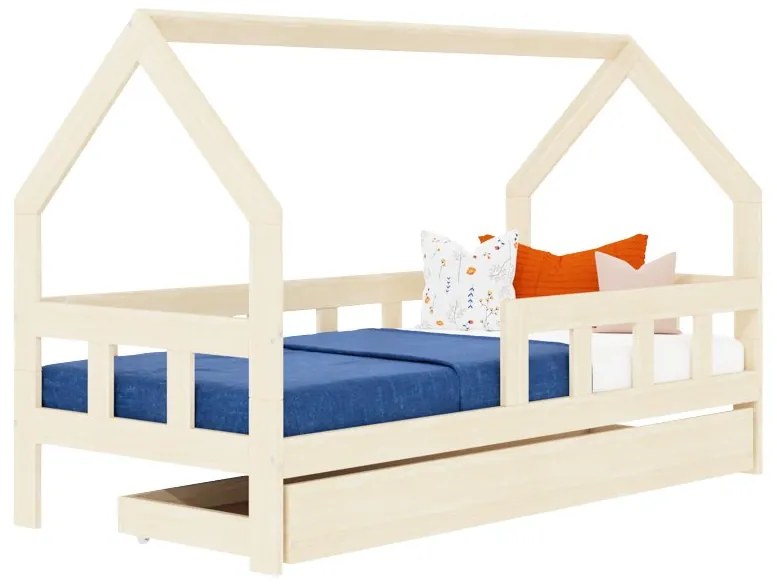 Benlemi Dětská postel domeček FENCE 2v1 ze dřeva se zábranou a úložným šuplíkem Zvolte barvu: Béžová, Zvolte rozměr: 90x160 cm, Zvolte zábranu: S jednou zábranou