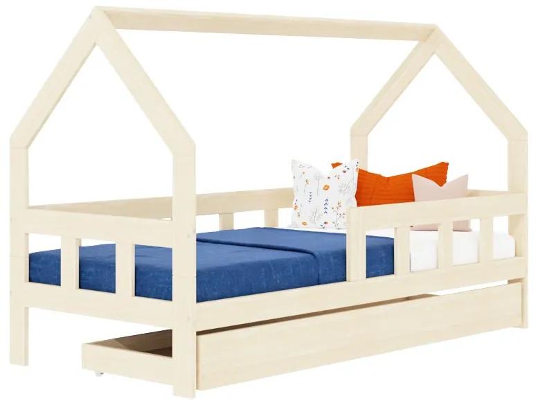 Benlemi Dětská postel domeček FENCE 2v1 ze dřeva se zábranou a úložným šuplíkem Zvolte barvu: Nelakovaná, Zvolte rozměr: 90x160 cm, Zvolte zábranu: S otevřeným vstupem
