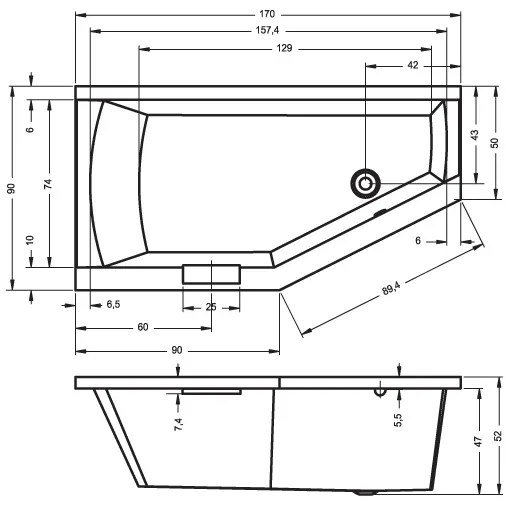 Riho Geta vana 170 x 90 pravá BA88