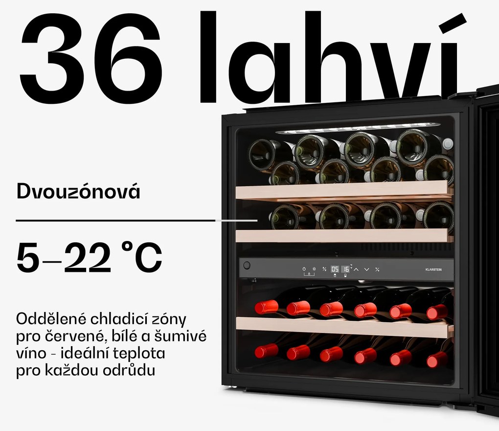 Klarstein Velaire vestavná vinotéka | Moderní, elegantní | UV ochrana | Dvojitá zóna | 36 lahví