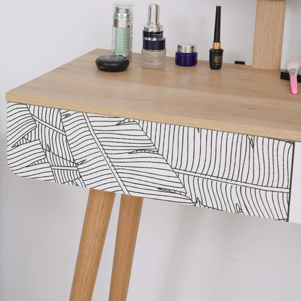 HOMCOM Toaletní stolek s kulatým zrcadlem Ф39cm, Toaletní stolek se zásuvkou s dekorací džungle, Bílý a dubový, 70x39x119-128cm