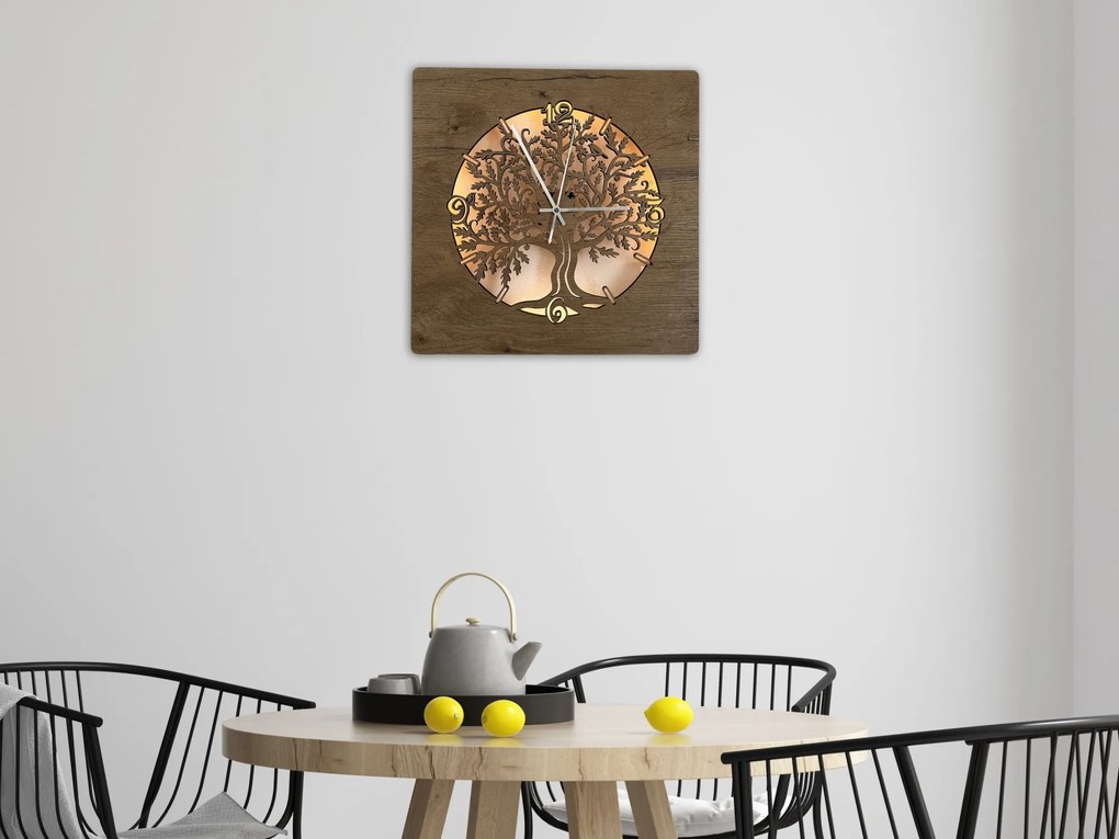 Li-Go "Dub v kruhu" Světelné hodiny s baterií, 42/50 cm včetně dálkového ovládání provedení povrchu: jedle, velikost svítidla: 42x42 cm