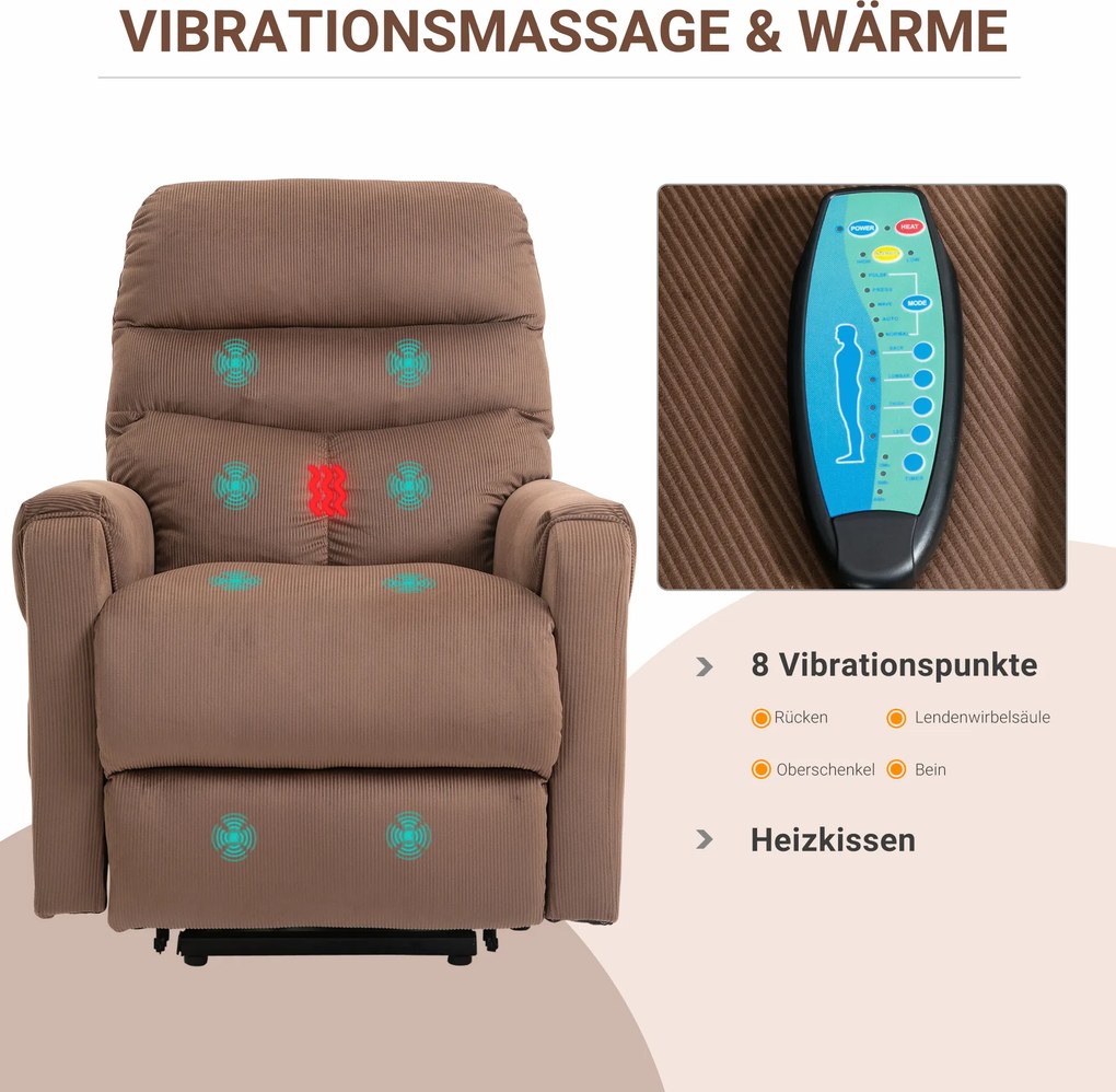 HOMCOM TV křeslo polohovací elektrické s masážní funkcí vyhřívání polohovací funkce polyester světle hnědá 79x97x103cm pro pohodlí a relaxaci