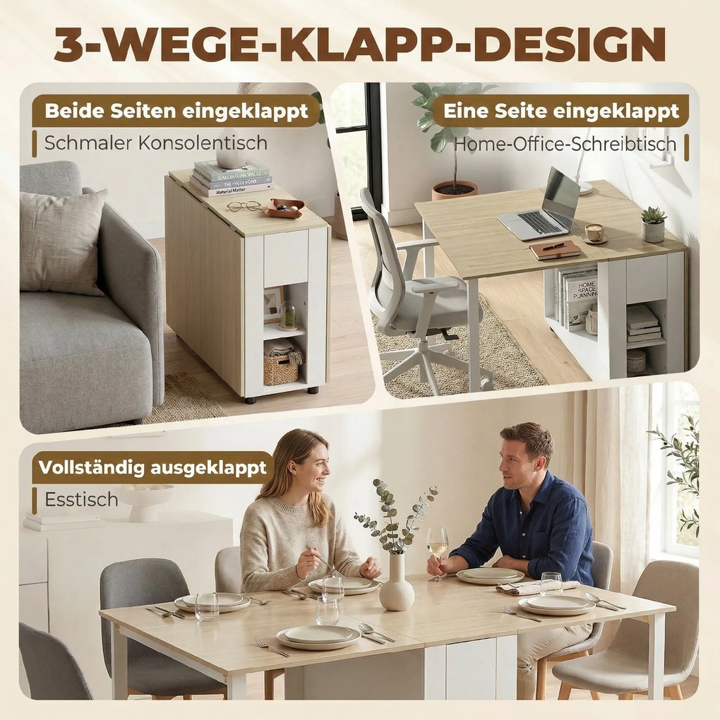 HOMCOM rozkládací jídelní stůl pro 6 osob, skládací kuchyňský stůl s výsuvnými deskami, zásuvkami a policemi, 168,2 x 85 x 73 cm, bílý