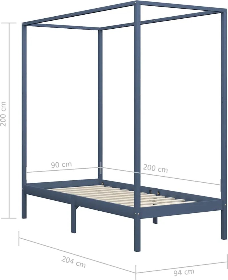 Rám postele s nebesy šedý masivní borové dřevo 90 x 200 cm 283274