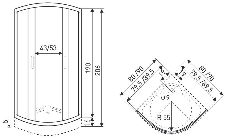 Aplomo Intro čtvrtkruhový sprchový kout s vaničkou Rozměr koutu: 90x90cm