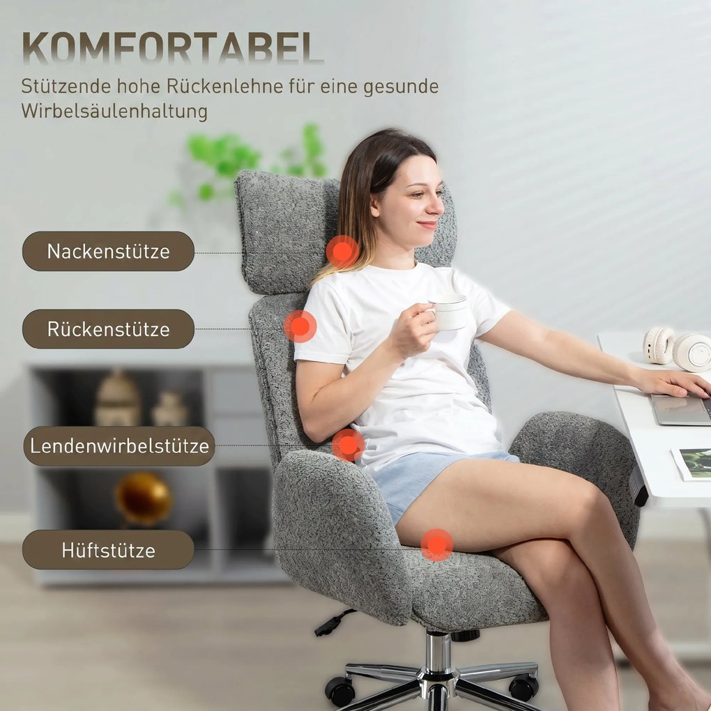 HOMCOM bouclé kancelářská židle s opěrkami rukou — nastavitelná opěrka hlavy, výškově nastavitelná otočná s náklonem, tmavě šedá