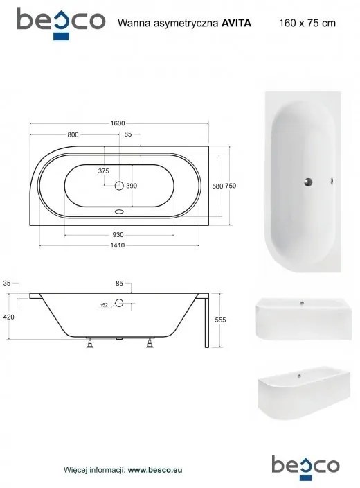 BESCO Asymetrická vana AVITA Nožičky k vaně - S nožičkami, Rozměr vany - 180 × 80 cm, Způsob provedení - Levé - VANAVIT180L+OLVPINOZSTELWD