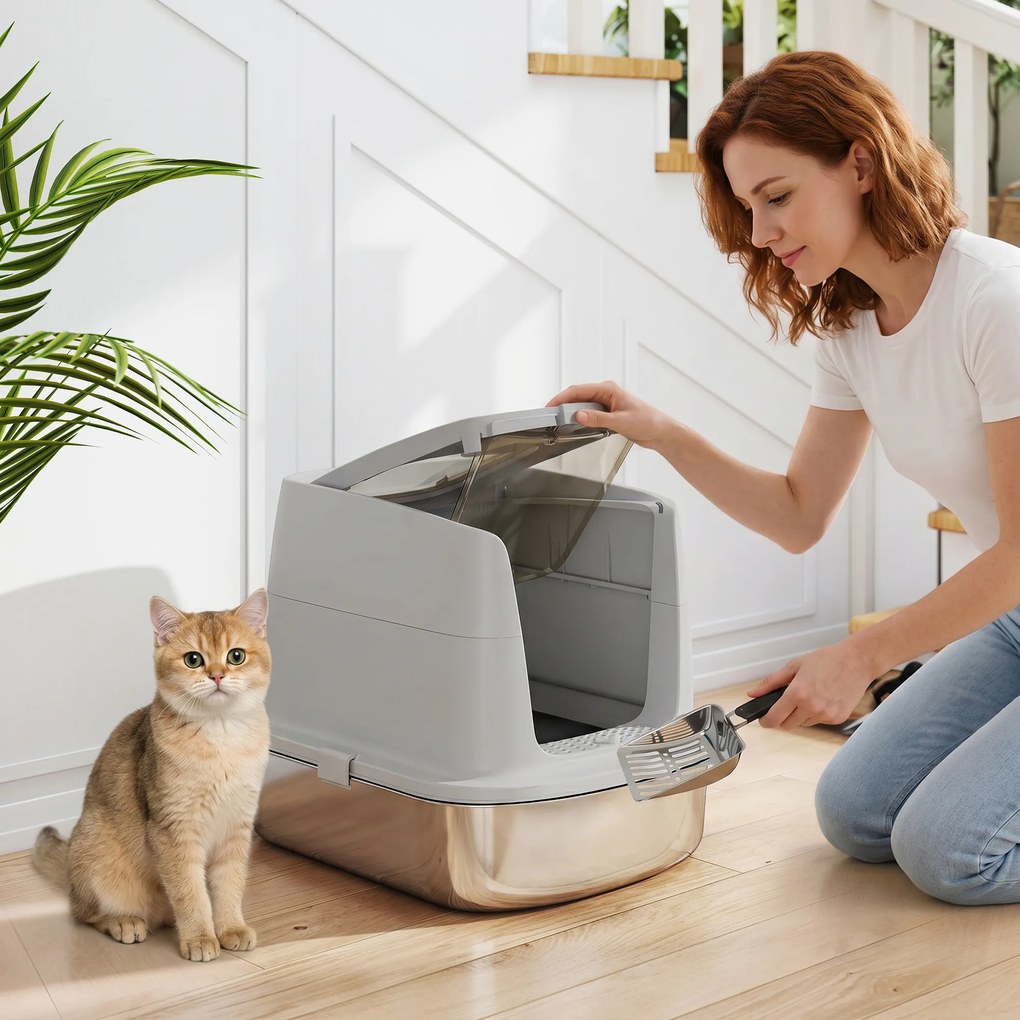 PawHut krytá nerezová kočičí toaleta s horním otevíráním, dvojím vstupem, lopatkou, vysokými stěnami, odolná proti prosakování, proti zápachu, snadno…