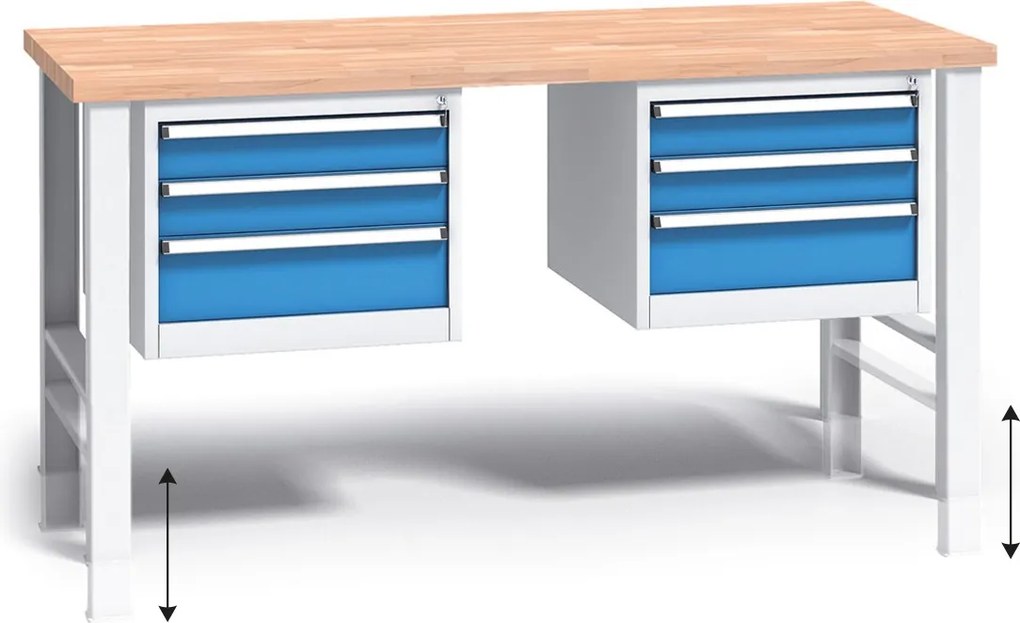 Výškově nastavitelný pracovní stůl do dílny G3 se 2 závěsnými boxy na nářadí, buková spárovka, 6 zásuvek, 1700 x 685 x 840 - 1050 mm, modrá