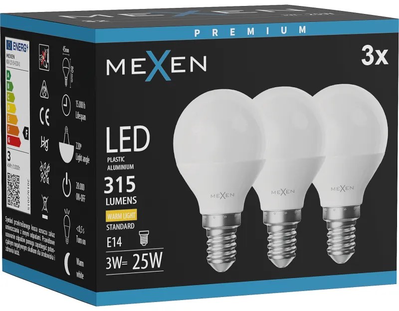 Mexen Nova 3x LED žárovka E14, G45, 3W, Teplá - 3000K, 315 lm - L101-E14-0330-01x03