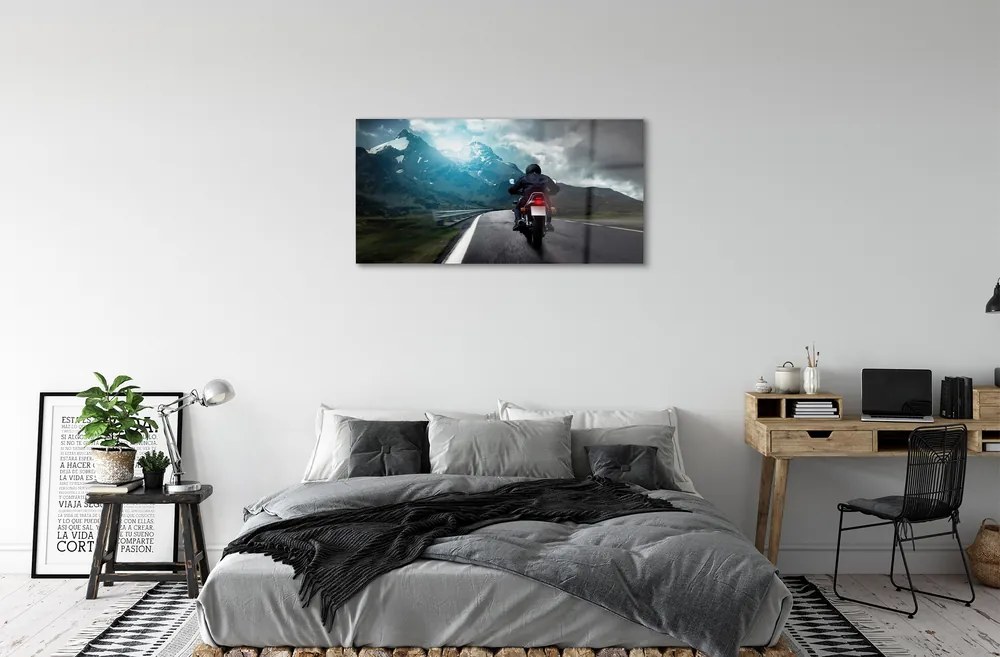 akrylový obraz Motocyklu horské silnici muž nebe 100x50 cm