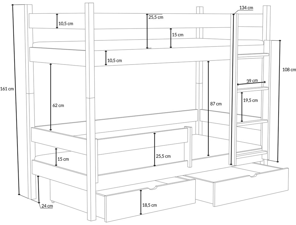 Vomaks unit, s.r.o. Patrová postel PP02, se zábranou Barva: barva dub, Materiál: 90 x 180 cm