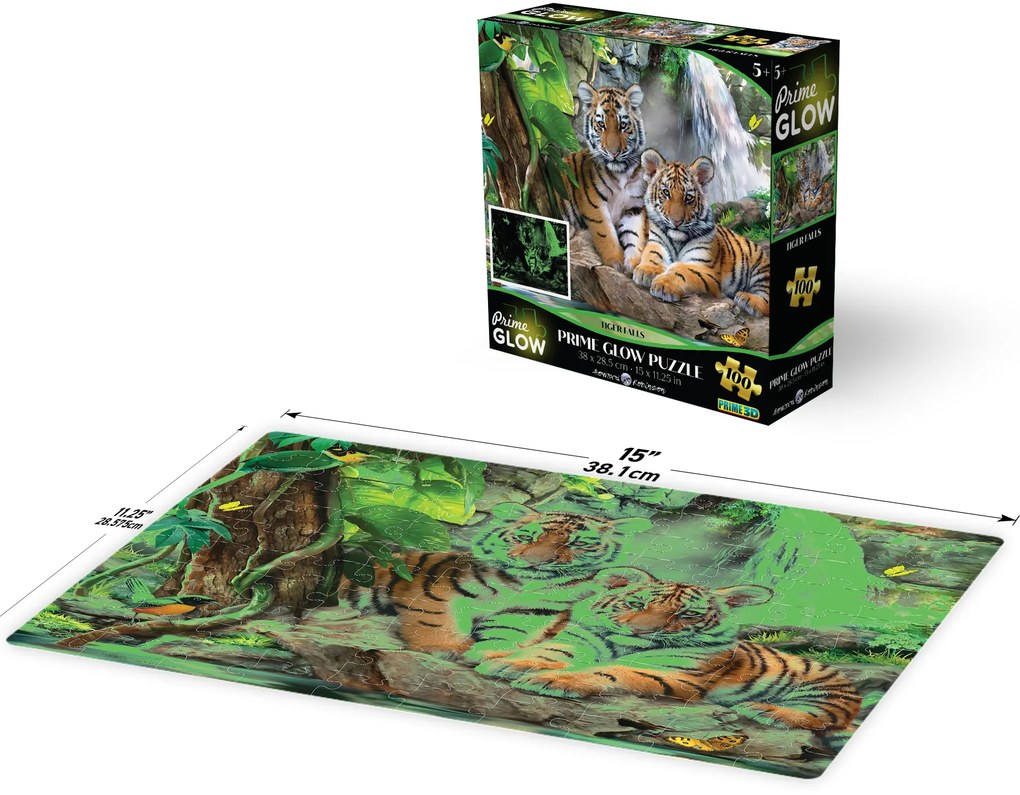 PRIME 3D Svítící PUZZLE - Tygr u vodopádu 100 dílků