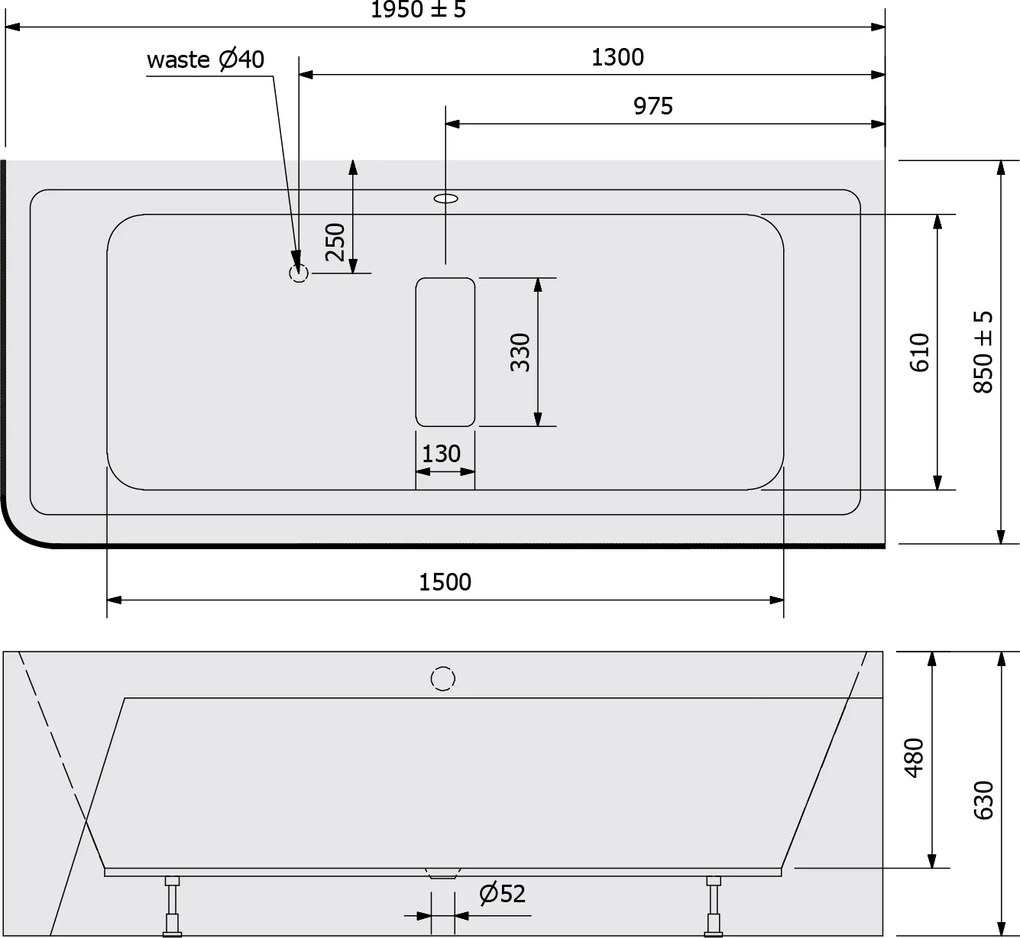 Polysan MARLENE CURVE R MONOLITH vana 195 x 85 x 63 cm obdélníková pravá 78731MCR