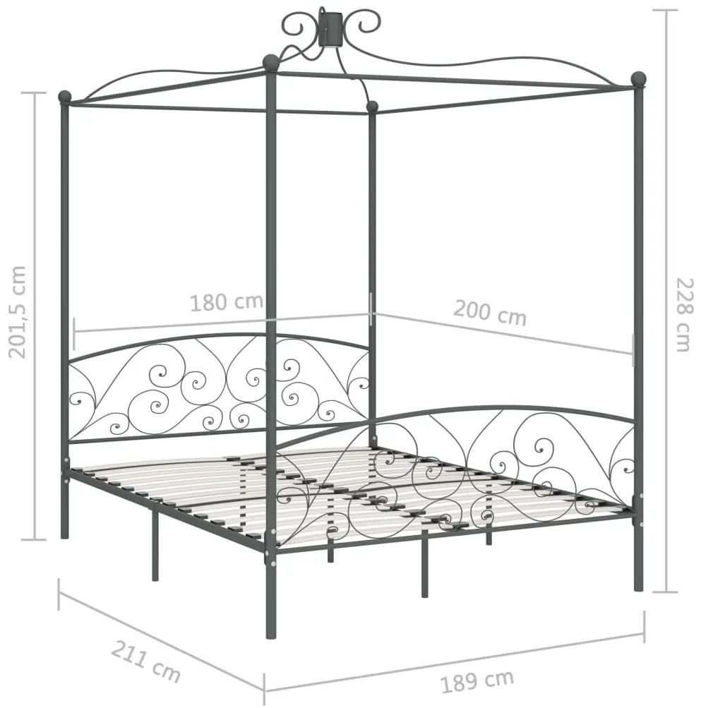 vidaXL Marketos Rám postele s nebesy šedý kovový 180 x 200 cm