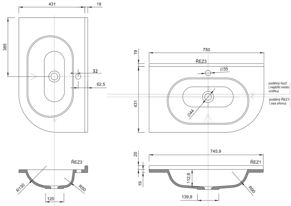 Sapho Sapho, PULSE litý mramor umyvadlo 75x45cm, levé, bílé, BM752