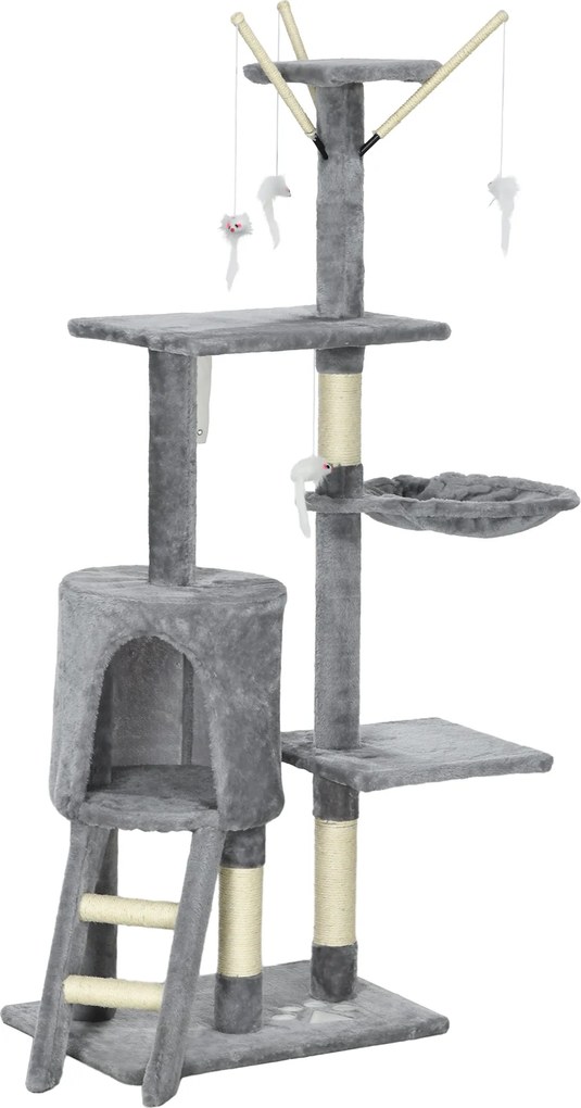 PawHut Škrabací strom 134,2 cm Kočičí věž s jeskyní, 2 hračkami, sisalovými sloupky, velkou platformou, schody, vícestupňový škrabací strom, lezecký s