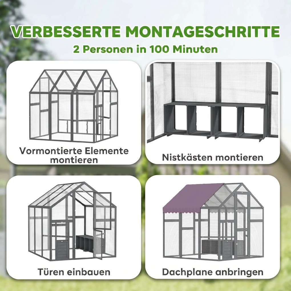 PawHut Výběh pro kuřata, kurník s vodotěsnou střechou, 2 hnízdní boxy, 2 hnízda, pro 6-8 kuřat, cca 1,7 x 1,8 x 1,8 m