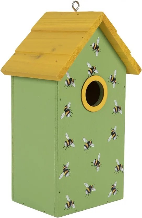 Zeleno-žlutá dřevěná ptačí budka se včelkami Birdhouse - 15*10*22 cm